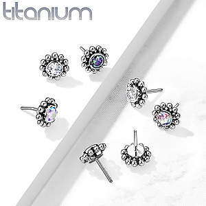 Amelia Fashion Implant Grade Titanium Threadless Push In Flower Tops with Center CZ and Surrounding Ball Cluster 14ga-20ga (Choose Color) (Clear)