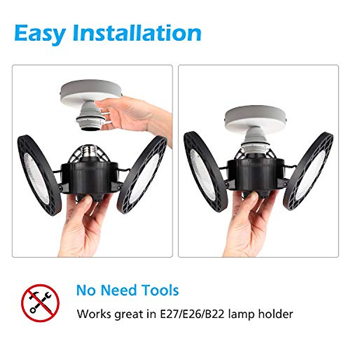 BRIGENIUS LED Garage Light, 60W LED Garage Lighting, 6000LM 6500K LED Three-Leaf Garage Ceiling Light, Deformable E26/E27 Garage Lights for Garage, Workshop