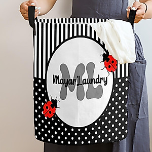 Striped Dots Ladybird Monogram Personalized Laundry Basket Laundry Hamper Clothes Bag Collapsible Tall with Handles,Waterproof,Storage Baskets for Bathroom College Dorm Family Essentials