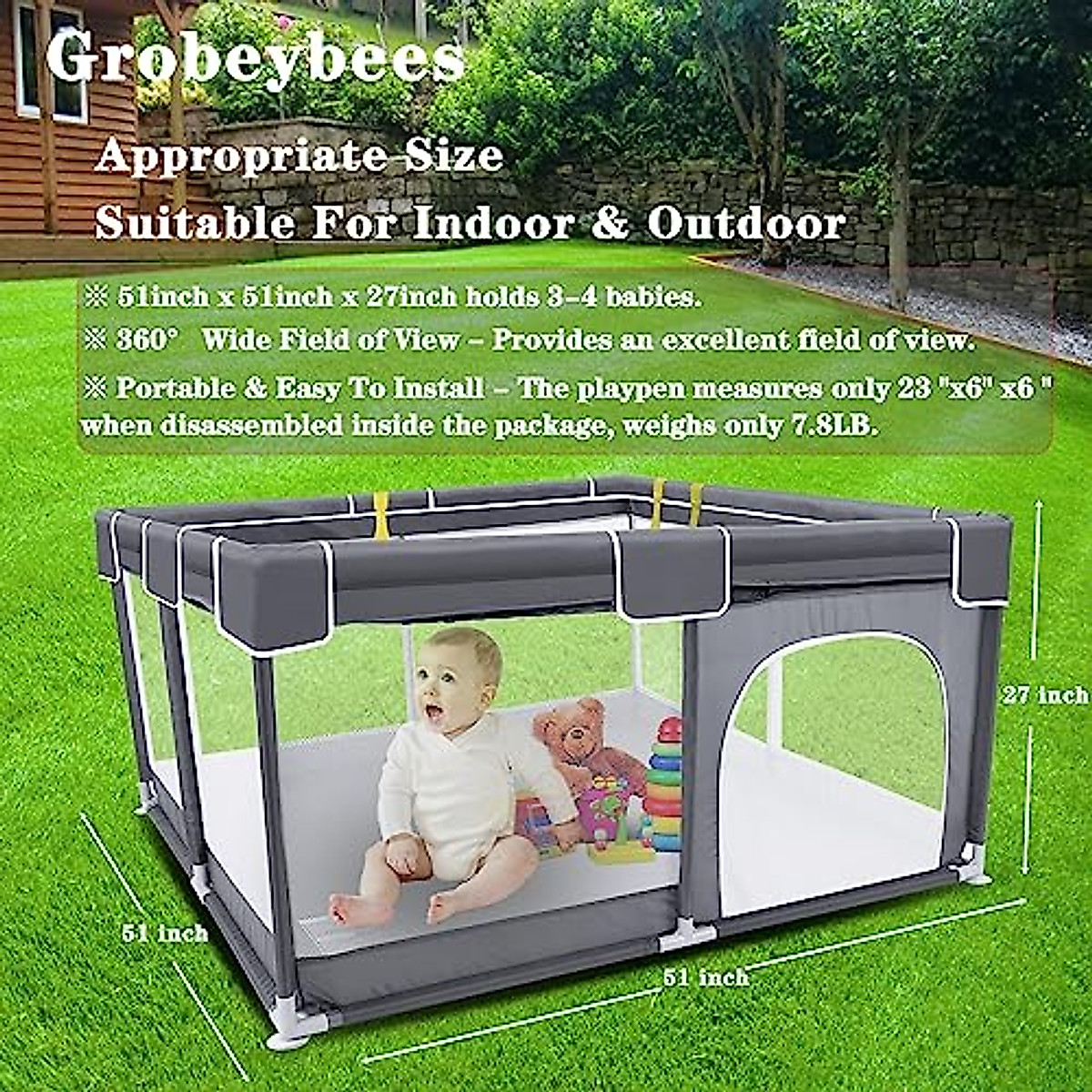 Grobeybees Baby Playpen for Toddler and Babies, Baby Playard, Indoor & Outdoor Kids Activity Center with Anti-Slip Base, Play Yard with Soft Breathable Mesh, Baby Fence Play Area(Grey)