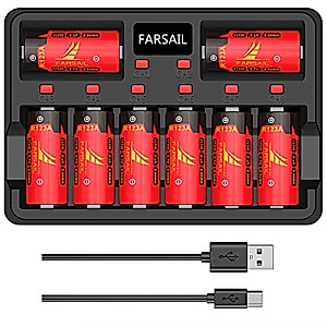 Arlo Batteries Rechargeable 8 Pack, FARSAIL 800mAH 123A NiMH Batteries and CR123A Charger for Arlo VMC3030 VMK3200 VMS3130 3230C 3430 3530 Cameras, August Pro WiFi, Flashlight