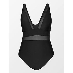 CUPSHE Women Plus Size One Piece Swimsuit V Neck Mesh Sheer Tummy Control Bathing Suit with Adjustable Wide Straps, 1X Black