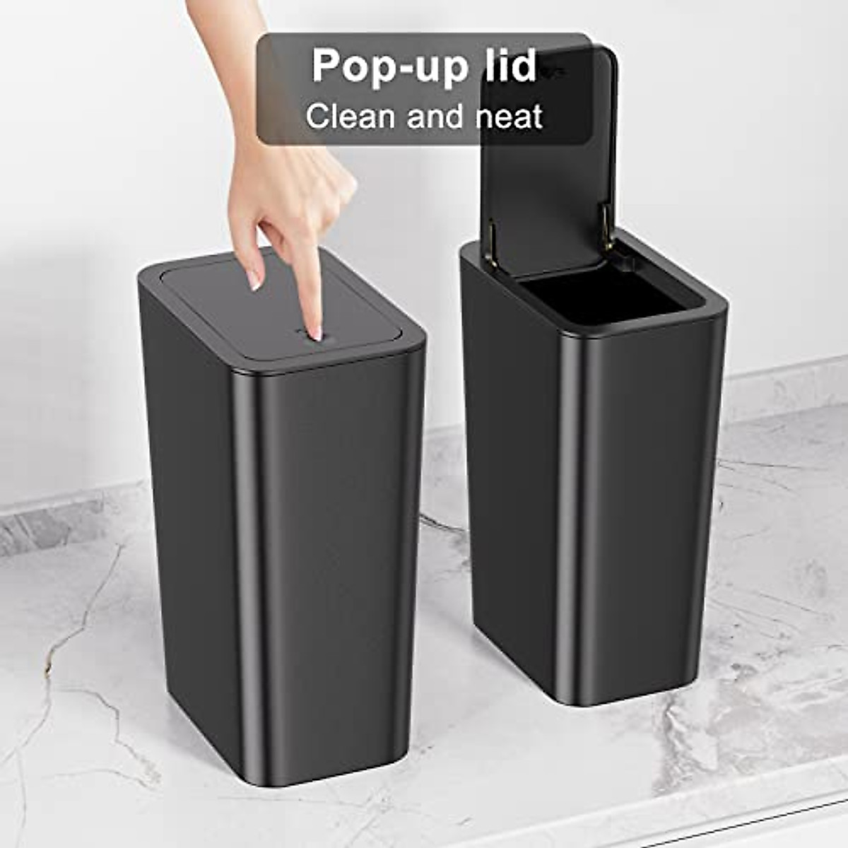 NetDot Bathroom Trash Can with Lid 3 Pack Set, 2 Packs 3.4 Gal 13L Slim Kitchen Trash Can and 1 Pack 2.6Gal 10L Garbage Can, Small Trash Can/Trash Bin/Waste Basket for Bedroom (Black, Pack of 3)