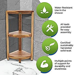 EcoDecors Snazzy Corner Teak Shower Corner Shelf 33" Radius 18” Tall Natural Wood Corner Shower Seat Spa Bench with Shelf Corner Stool for Shower in Earthy Teak Finish