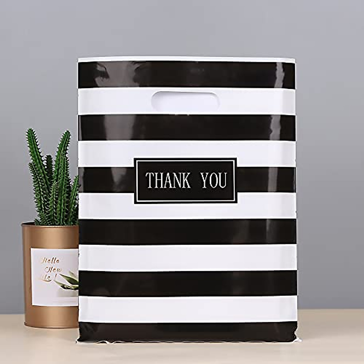 Thank You Merchandise Bags,Daarcin 100pcs 12x16in Shopping Bag,Black and White Stripes Die Cut Plastic Bags with Handle for Boutique,Party,Goodie Bags,Stores,Clothes, Reusable Retail Bags for Bussiness