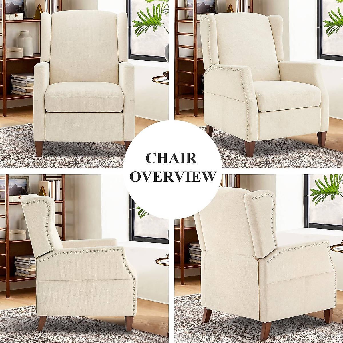 COLAMY Wingback Pushback Recliner Chair with Storage Pocket, Upholstered Fabric Living Room Chair Armchair with Wood Legs and Nailhead Trim, Beige