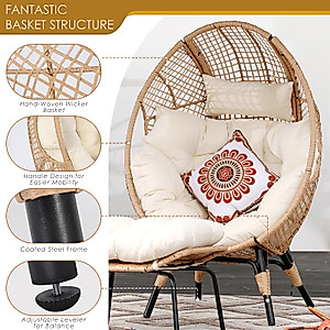 NICESOUL® Wicker Stationary Egg Chair Indoor Outdoor Egg Basket Lounge Chair Oversized Thick Cushions Egg Seat with Legs 440lbs Egg Nest Chair with Ottoman, Boho Rattan Chair for Patio Beige