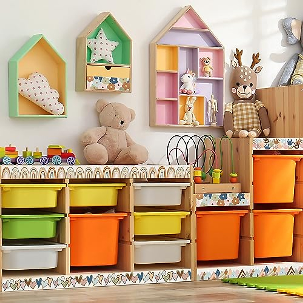 AnyDesign 60Pcs Boho Morandi Bulletin Board Borders with 100Pcs Glue Points 5 Design Heart Rainbow Handprint Die-Cut Trim Borders Classroom Borders for School Classroom Office Chalkboard Decorations