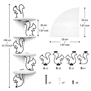 Alsonerbay White Corner Shelf 4 Tier Shelves for Wall Storage, Easy-to-Assemble Floating Wall Mount Shelves for Bedrooms and Living Rooms (Squirrel Shaped)
