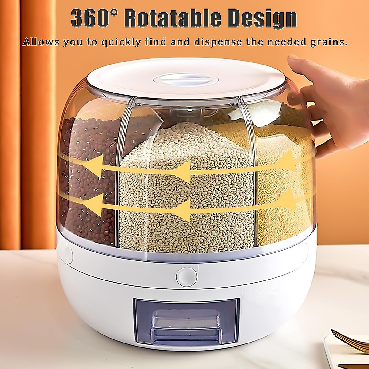 Rotating Grain Dry Food Dispenser Countertop - 6 Grids Cereal Tank for Lentils, Rice, Beans - Transparent Kitchen Pantry Storage Container, 360° Rotatable Design, Max 22 lbs Capacity, White - PET+PP