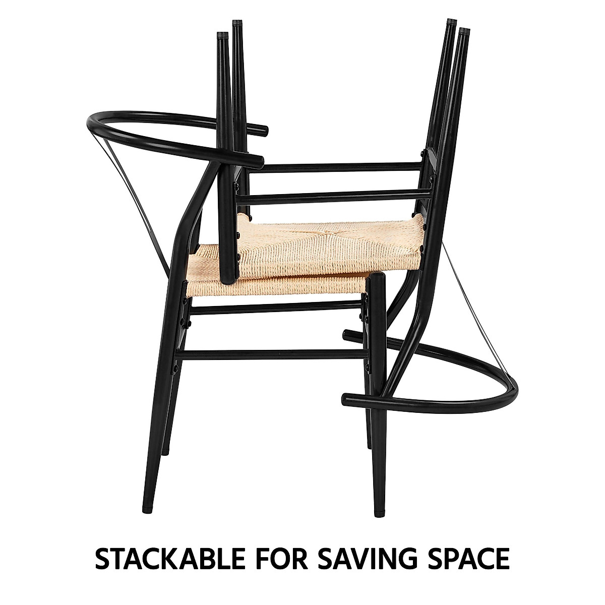 Yaheetech Set of 2 Weave Arm Chair Mid-Century Metal Dining Chair Y-Shaped Backrest Hemp Seat, Black