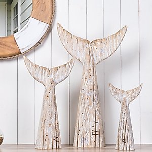 glitzhome Farmhouse Tabletop Decor Set of 3 Coastal Weathered Wood Whale Tail Statue Nautical Table Decor Rustic Distressed Wood Whale Tail Sculpture Table Centerpiece Home Decor