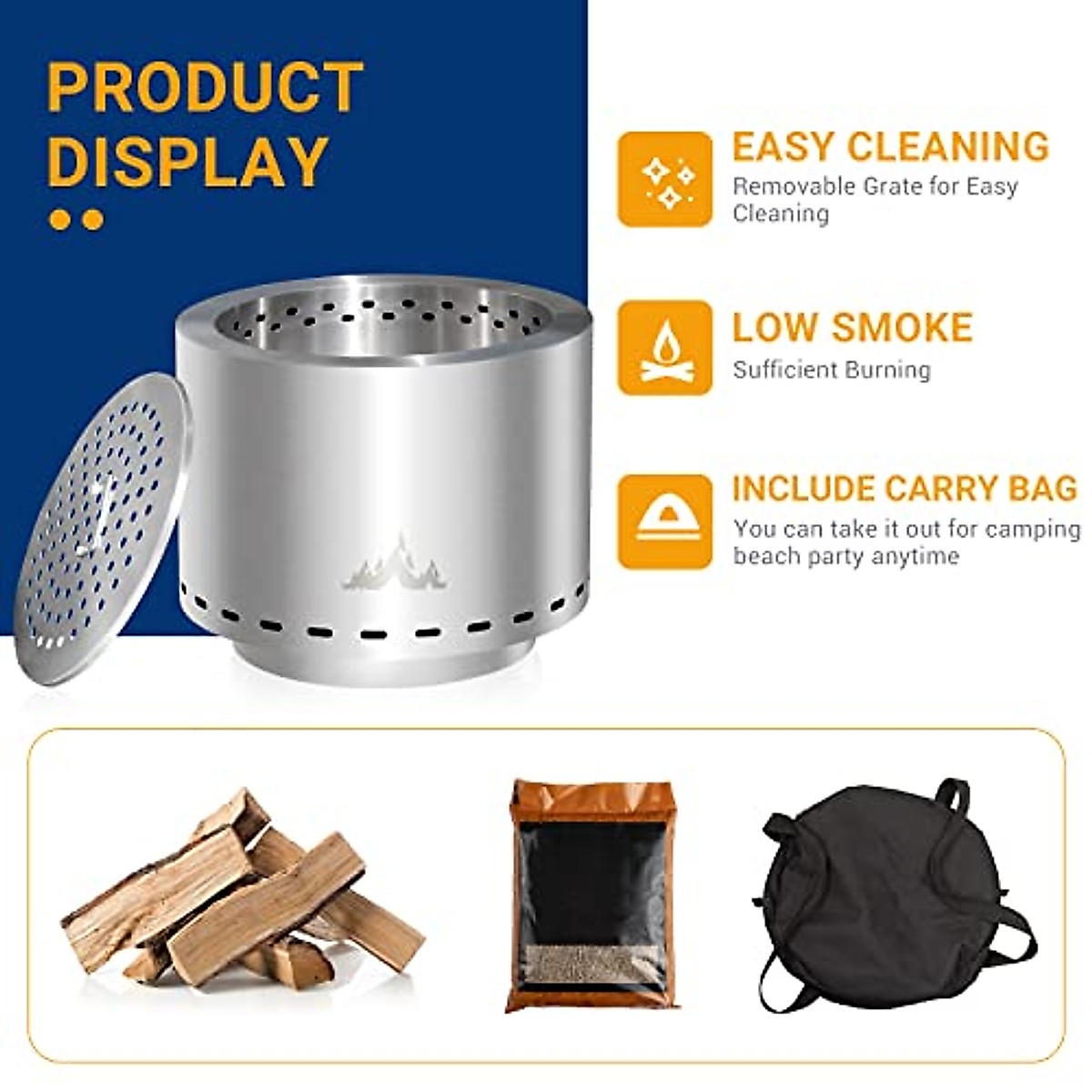 UDPATIO 19.5 inch Smokeless Fire Pit with Stand, 304 Stainless Steel Bonfire Stove for Outside, Wood Burning with Ash Pan, Portable Carrying Bag for Patio, Camping