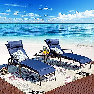 Festival Depot 3 Pieces Outdoor Patio Chaise Lounge Adjustable Back Chairs Set of 2 Chairs and 1 Bistro Table for Pool Garden Backyard with Removable Cushions (Blue)