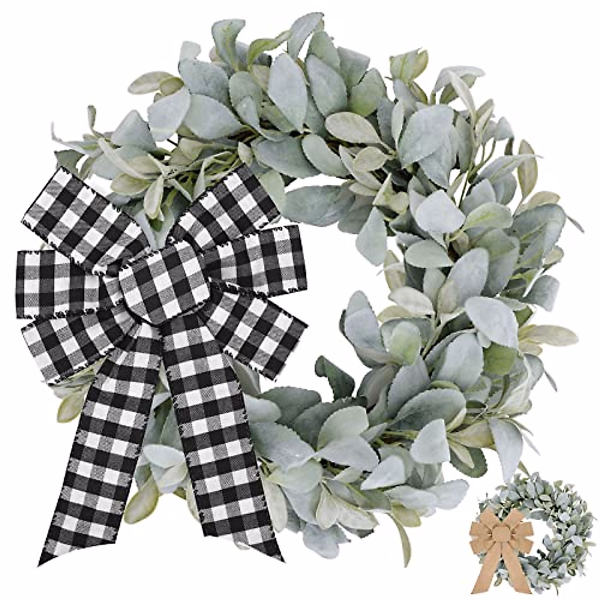 CEWOR 22 Inch Fall Wreath Flocked Lambs Ear Wreaths for Front Door Spring Summer Greenery Wreath for Wall Window with Two Bows (Burlap & Buffalo Plaid Bow)