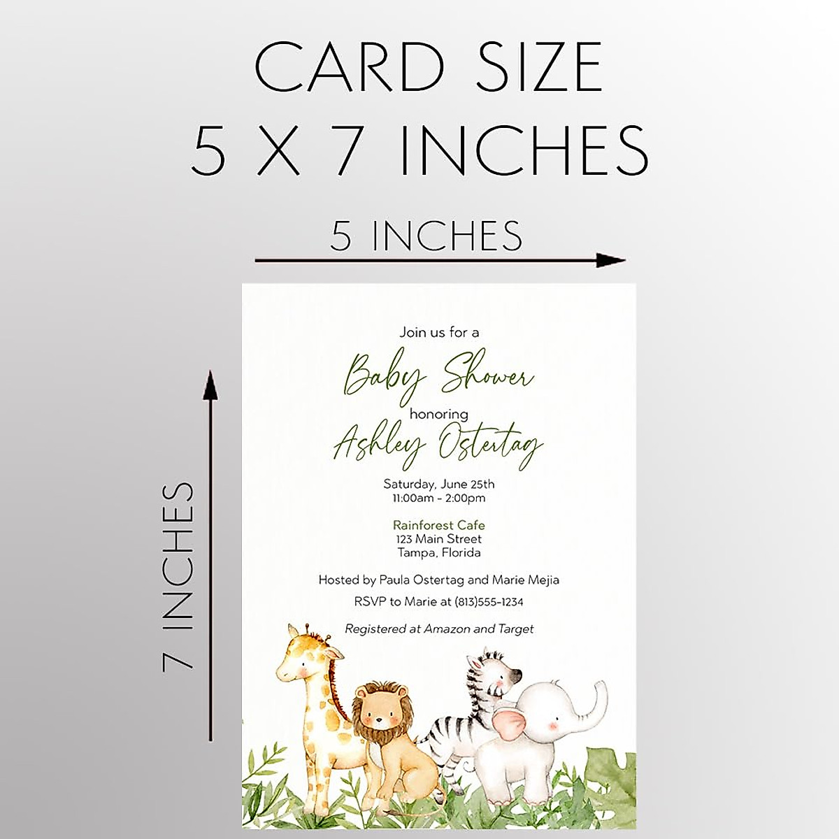Jungle Animals Baby Shower Invitation Unisex Safari Invites Giraffe Lion Born to Be Wild Elephant Zebra Printed Customized Cards (12 Count)