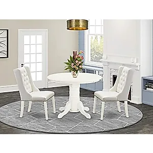 East West Furniture SHFO3-WHI-44 3 Piece Dining Set Contains a Round Dining Room Table with Pedestal and 2 Light Grey Faux Leather Upholstered Parson Chairs, 42x42 Inch, Linen White