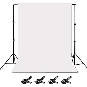 Backdrop Stand with White Backdrop，White Backdrop Stand，White Photo Backdrop with Stand， ​ Polyester White Cloth 6x9 feet Adjustable 8.5x10 Photography Stand 4 Clips