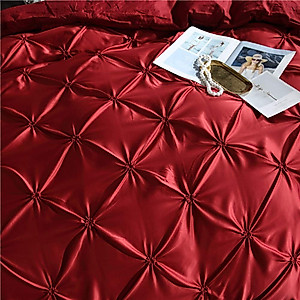 Miss Cora Pintuck Duvet Cover Set Silk Like Satin, Bedding Pinch Pleated Ruffle Design Silky Microfiber Bedding Sets 8 Colors-Red, King