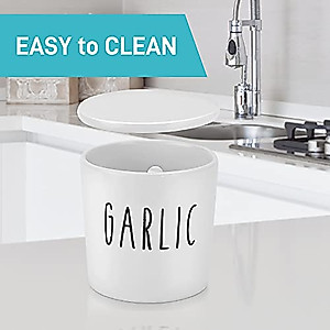 Large Garlic Keeper - Garlic Holder Storage - Round Ceramic Garlic Container Storage to Keep Your Garlic Cloves Fresh Longer - Classic White Vented Garlic Keeper for Counter - Garlic Saver for Kitchen