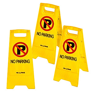 Alpine Two-Sided Fold-Out No Parking Signs, Pack of 3 - Portable Outdoor Folding Floor Sign - Yellow Self Standing & Easy to Read Plastic Board for Restaurants and Businesses