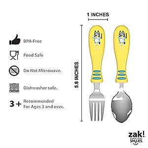 Zak Designs Bluey Kid Flatware Fun Character Art on Both Utensils, Non Slip Fork and Spoon Set is Perfect for Encouraging Picky Eaters to Finish Their Plates, 2 pack (4 PCS)