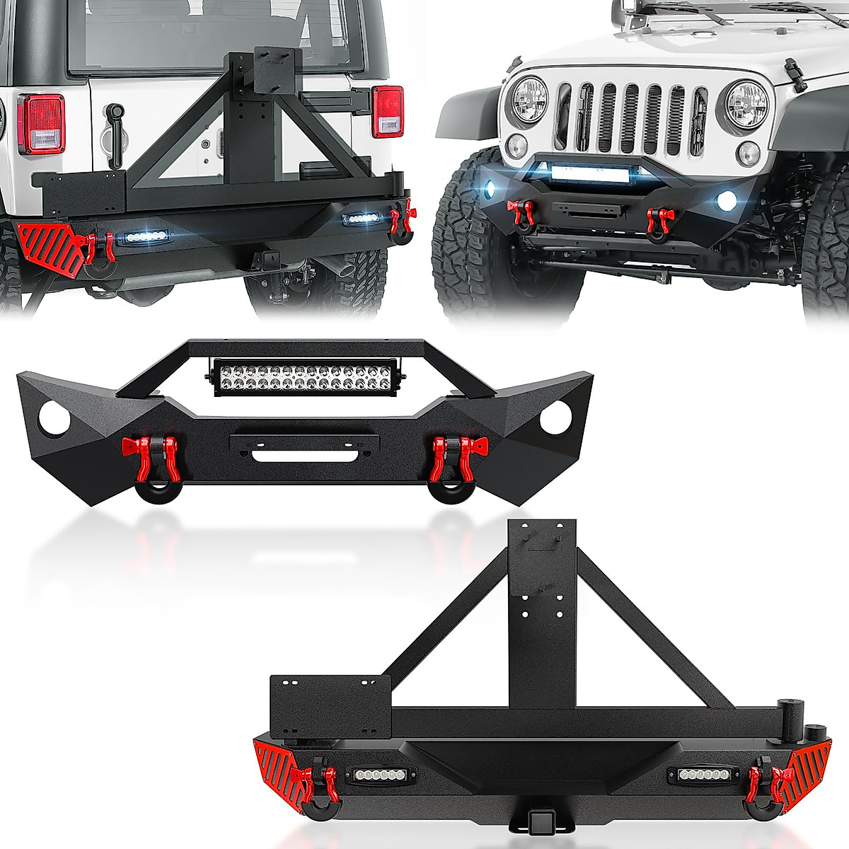 OBNAUX Front & Rear Bumpers w/Tire Carrier for 2007-2018 Jeep Wrangler JK JKU Unlimited w/Winch Plate, License Plate Bracket, Paintable Armor, OE Fog Light Holes, Hitch Receiver & D-rings