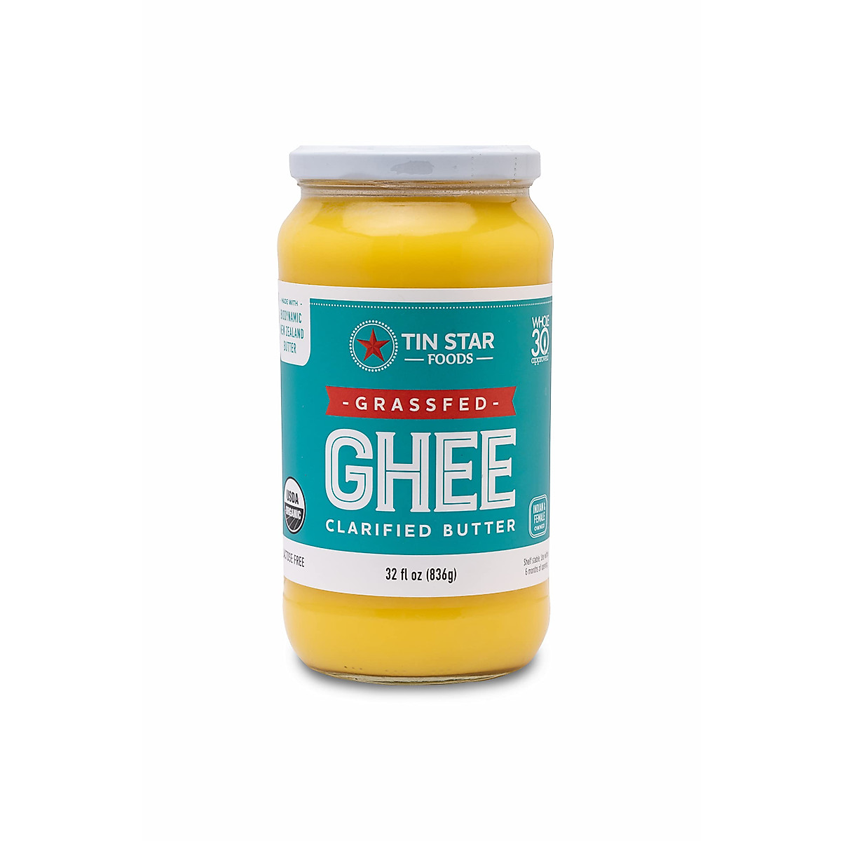 Tin Star Foods Grassfed Organic Ghee –365 Pasture Grazed, Hand Crafted Clarified Butter – Keto, Whole 30 and 21 Day Detox Approved, Lactose Free, Casein Free, – 32 fl oz