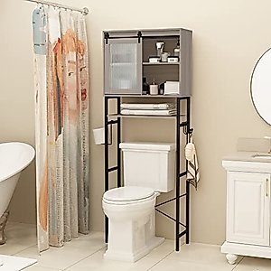 AZODY Over The Toilet Storage Cabinet, Over The Toilet Storage with Adjustable Shelves and Sliding Door, Freestanding Bathroom Organizer Over Toilet for Bathroom, Grey