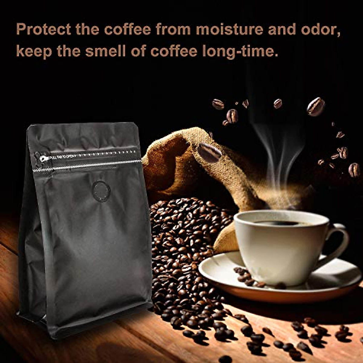 Idealux Black Coffee Bags with Valve, Aluminum Foil High Barrier bags, 0.5 lb Square Bottom Stand Up Pouches, Zip Lock Stand Up coffee Bags, Reusable Food Storage Bags 50pcs 8 OZ