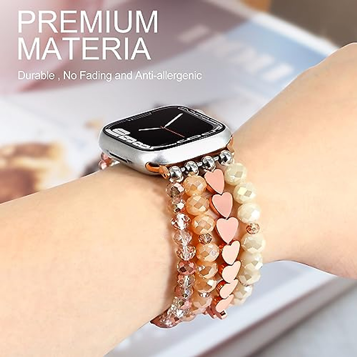 JR.DM Rose Gold Bracelet Beaded Watch Bands for Women Compatible with Apple Watch 38mm 40mm 41mm Handmade Elastic Stretch Watch Band, Fashion Dressy Cute Watch Strap for iWatch Series 8 7 6 5 4 3 2 1 SE