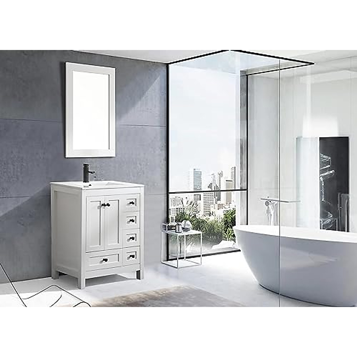 eclife 30'' Bathroom Vanities Cabinet with Sink Combo Set, Undermount Ceramic Sink w/Thickened Wood, Matte Black Faucet, High-Definition Mirror,White