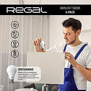 Regal LED A19 Light Bulb 5000K Daylight 800-Lumen, 9-Watt (60-Watt Equivalent), E26 Base, 5000 Kelvin, Day Light, 5-Pack, Non-Dimmable