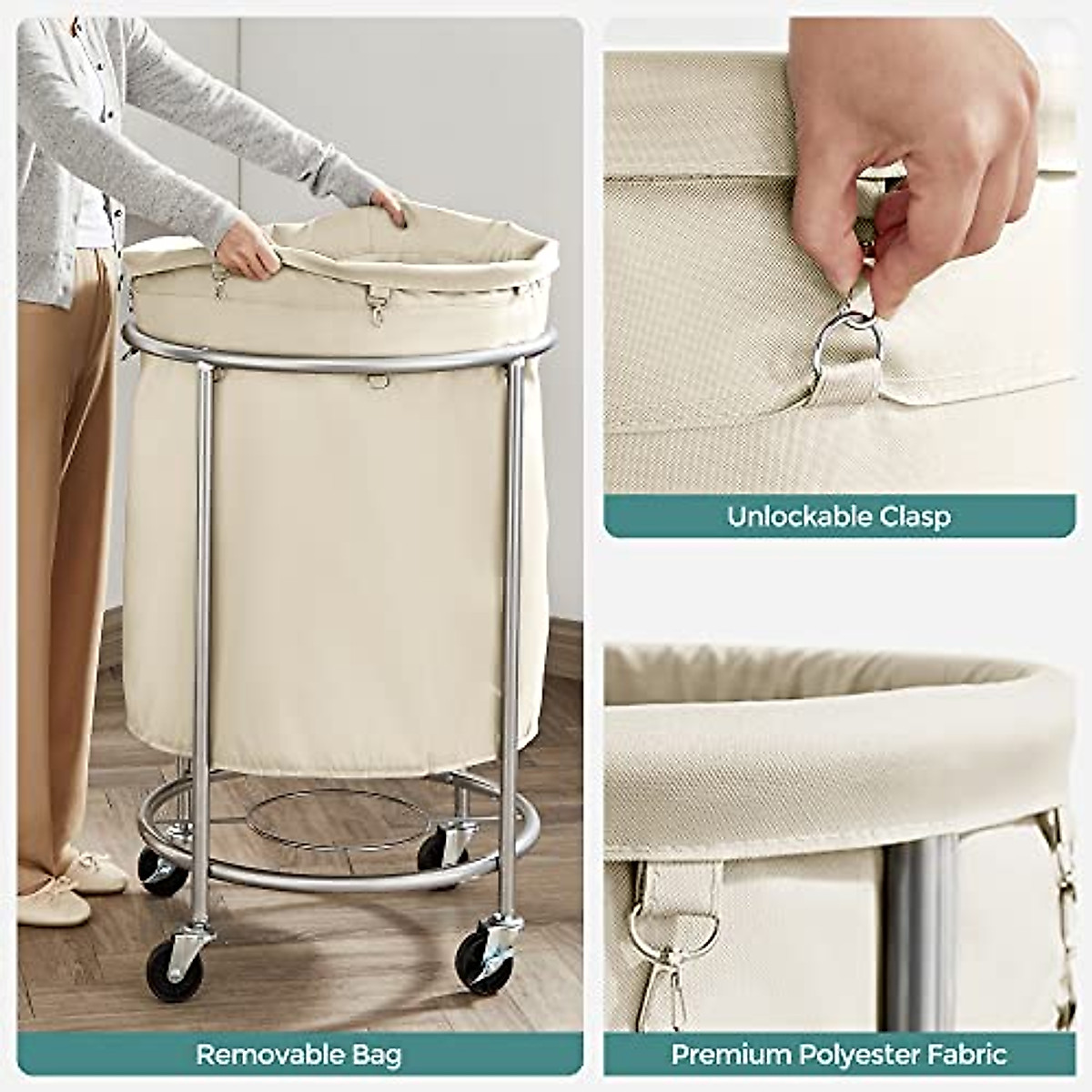 SONGMICS Laundry Basket with Wheels, Rolling Laundry Hamper, Round Laundry Cart with Steel Frame and Removable Bag, 4 Casters and 2 Brakes, Cream and Silver URLS01MZ