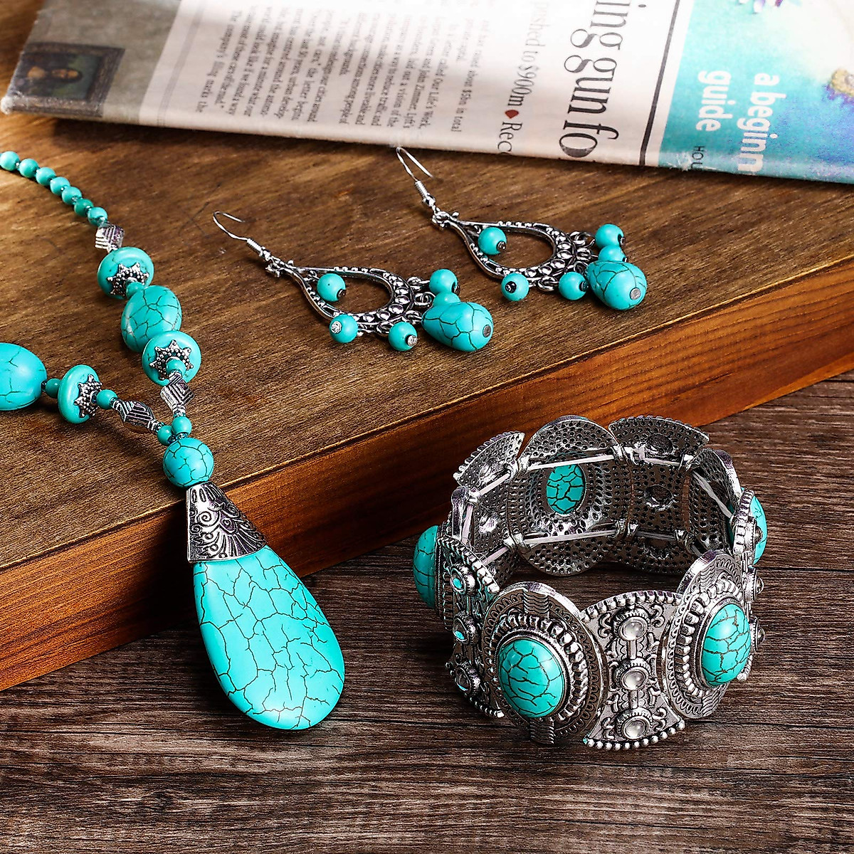 3 Pieces Bohemian Turquoise Jewelry Set Women Western Jewelry Set Turquoise Pendant Necklace, Vintage Turquoise Dangle Earrings, Stretchable Turquoise Bracelet for Women Statement Boho Jewelry Set