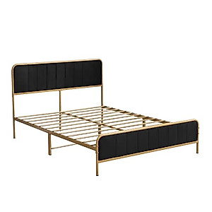 BALUS Cal King Size Bed Frame, Metal Platform Bed Frame with Tufted Headboard, Velvet Upholstered Platform Bed Frame with Gold Trim, Easy Assembly, No Box Spring Needed and Slip Noise Free Black