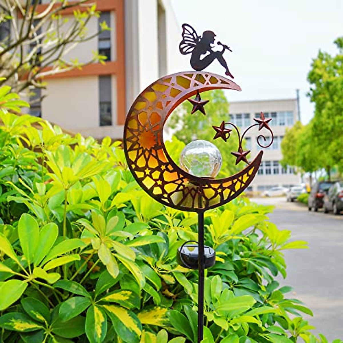 Cubular Moon Fairy Solar Garden Decor Lights,Crackle Glass Ball Pathway Stake Lights, Walkway Yard Lawn Patio Courtyard Decor Garden Outdoor Decorative Lights,Fairy Garden Decor (Moon Fairy)
