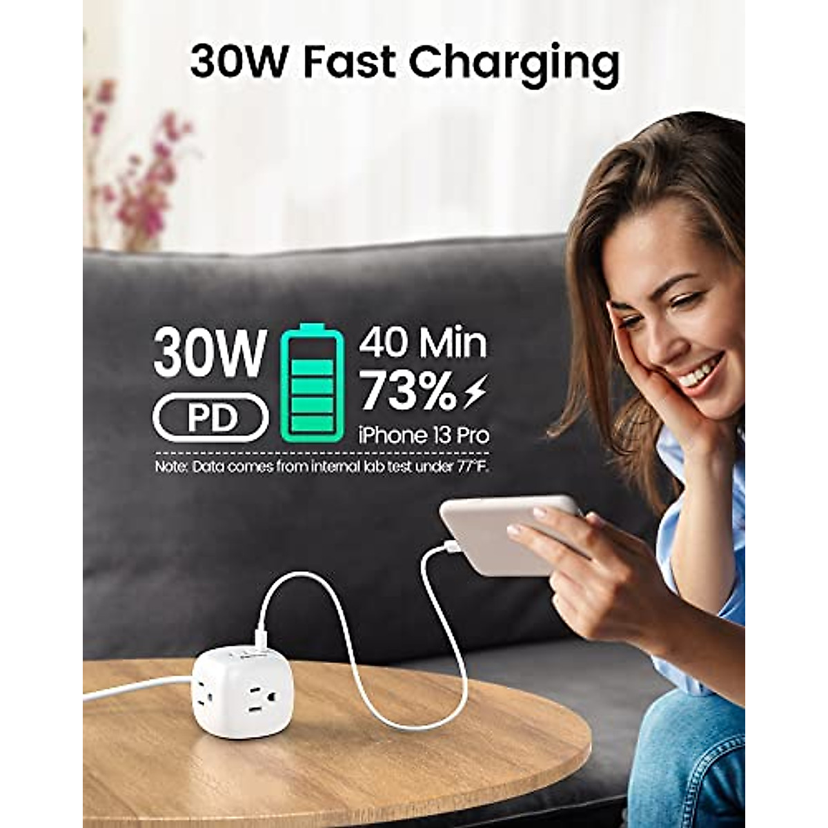 30W USB C Power Strip, Fast Charger with 3 Outlets & 30W PD Port, SUPERDANNY Mini Cube Charging Station with Flat Plug, 5 Ft Extension Cord, Travel Power Strip for Cruise, Dorm, Home, White