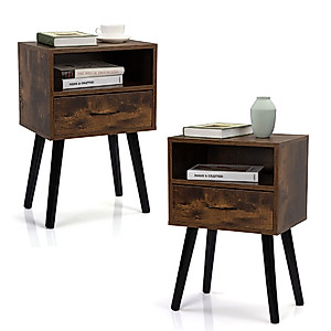 Set of 2 Nightstands,Mid Century End Side Bedside Table with Storage Drawer/Solid Wood Legs/Storage Shelf,Modern Night Stands for Bedroom Living Room Furniture,Rustic Brown