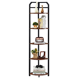 MNEETRUNG Corner Shelf, 5-Tier Industrial Corner Bookshelf, Freestanding Corner Shelf Stand with Metal Frame, Open Corner Plant Stand for Small Space, Home Office, Living Room, Bedroom, Brown