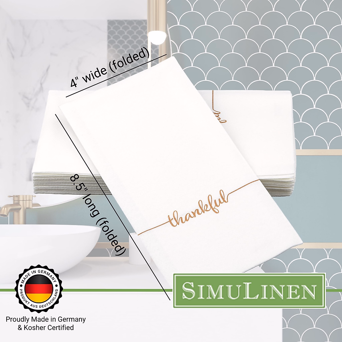 SimuLinen Paper Towels - Hand Towels for Bathroom - Decorative Rose Gold Thankful Design –- Cloth-Like, Linen-Feel for Guest Bathroom Essentials, Size: 12x17” (Pack of 100) Made in USA