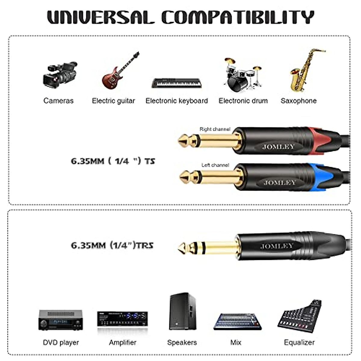 JOMLEY 1/4 inch TRS Stereo to Dual 1/4 inch TS Mono Insert Cable, TRS Stereo Y Splitter Insert Cable, 6.35mm TRS Male Stereo to Dual 6.35mm TS Male Mono Breakout Cable－6.6 Feet