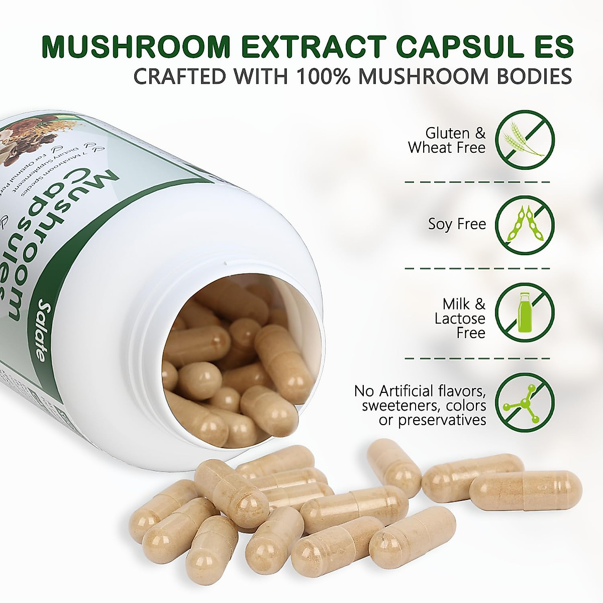 Salate Lion's Mane Supplement Organic Mushroom Extract for Memory and Focus, Concentration & Immune Support Brain Capsules with 100% Fruit Bodies & Extracts