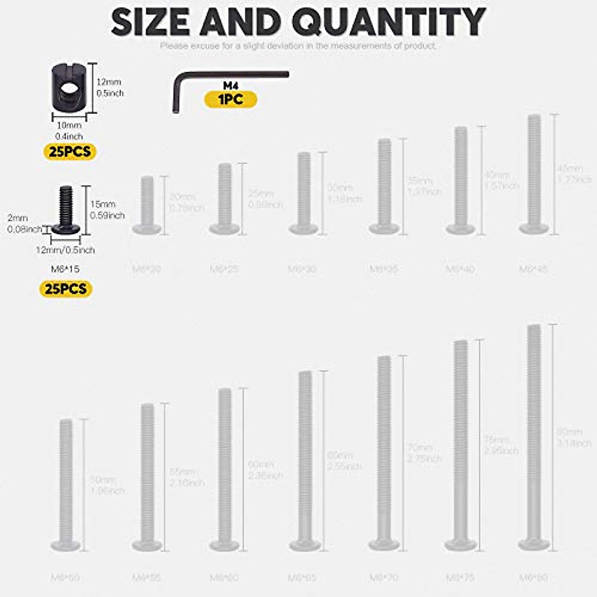 Mardatt M6 x 15mm 50PCS Black Zinc Plated Hex Socket Cap Bolts and Barrel Nuts Cross Dowel Replacement for Beds Chair Table Desk Furniture