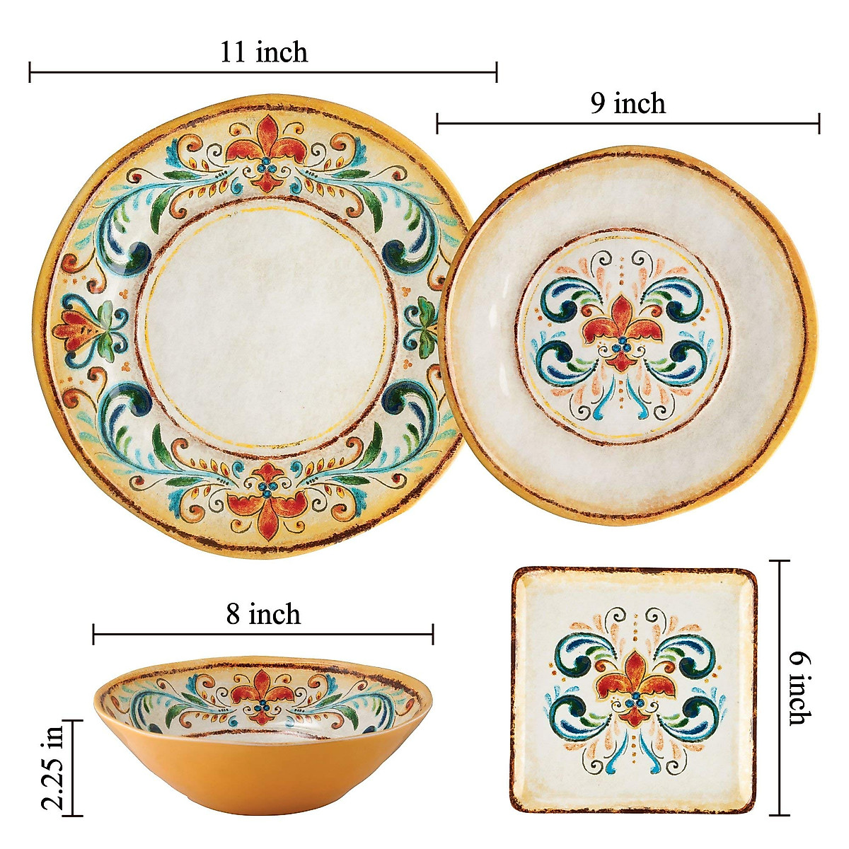 UPware 16-Piece Melamine Dinnerware Set, Includes Dinner Plates, Salad Plates, Dessert Plates, Bowls, Service for 4. (Tuscany)