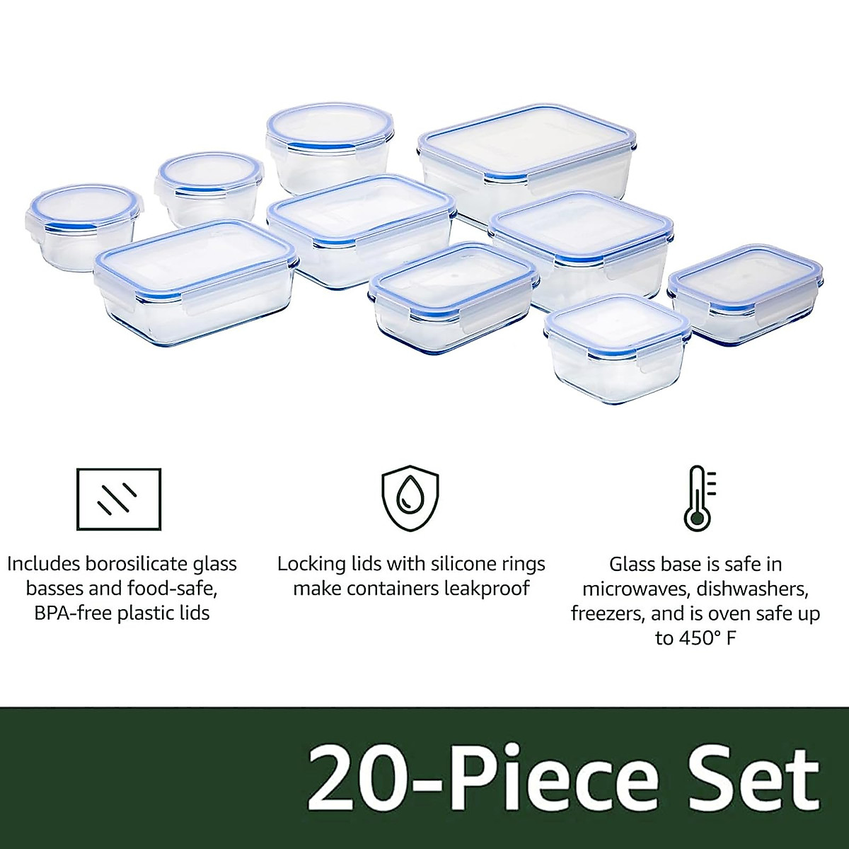 Diyrap 20-Piece Glass Meal Prep Containers, 10 Count of Bases and Plastic Lids,Glass Food Storage Containers with Lids, Airtight Glass Lunch Bento Boxes,Transparent, Blue