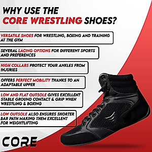 Core Wrestling Shoes Mat Ace - Lightweight Martial Arts Boxing Shoes - Weightlifting Shoes for Deadlift - for Men and Women Black