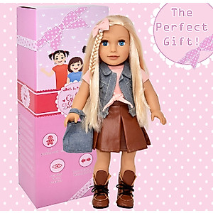 Gift Boutique 18 Inch Girl Doll, Fashion Doll with Fine Blonde Long Hair for Styling, Blue Eyes, Leather Boots, Denim Jacket Hair Bow Handbag, Doll Clothes and Accessories Princess Doll for Kids