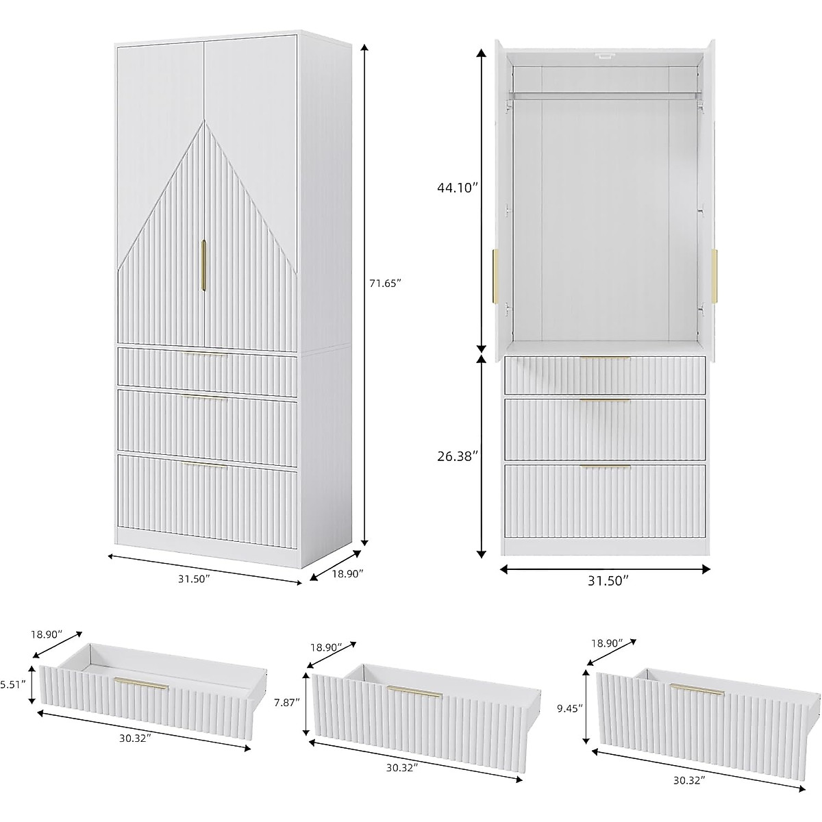Armoire Wardrobe Closet with 2 Wave Doors & 3 Drawers , 71.7” Bedroom Freestanding Armoire Storage Cabinet, Wooden Wardrobe Combination for Hanging Clothes, Bedroom Clothing Storage Cabinet White