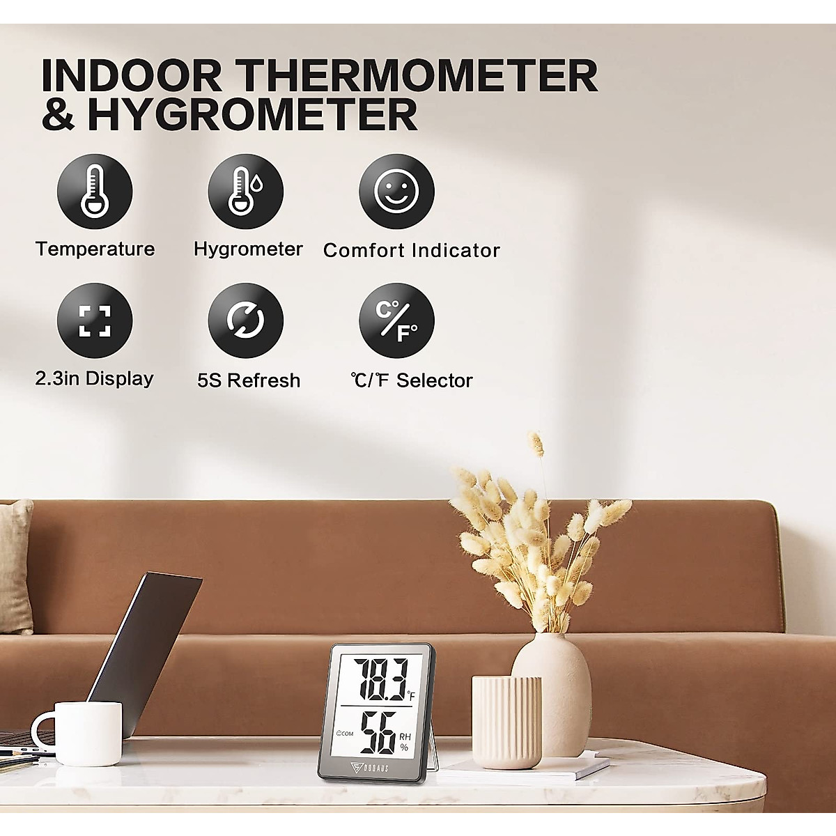 DOQAUS Indoor Thermometer [3 Packs], Mini Digital Hygrometer Room Thermometer, Humidity Meters, Accurate Temperature Humidity Monitor Gauge for House, Office, Greenhouse, Home Grey (2.3X1.8inch)